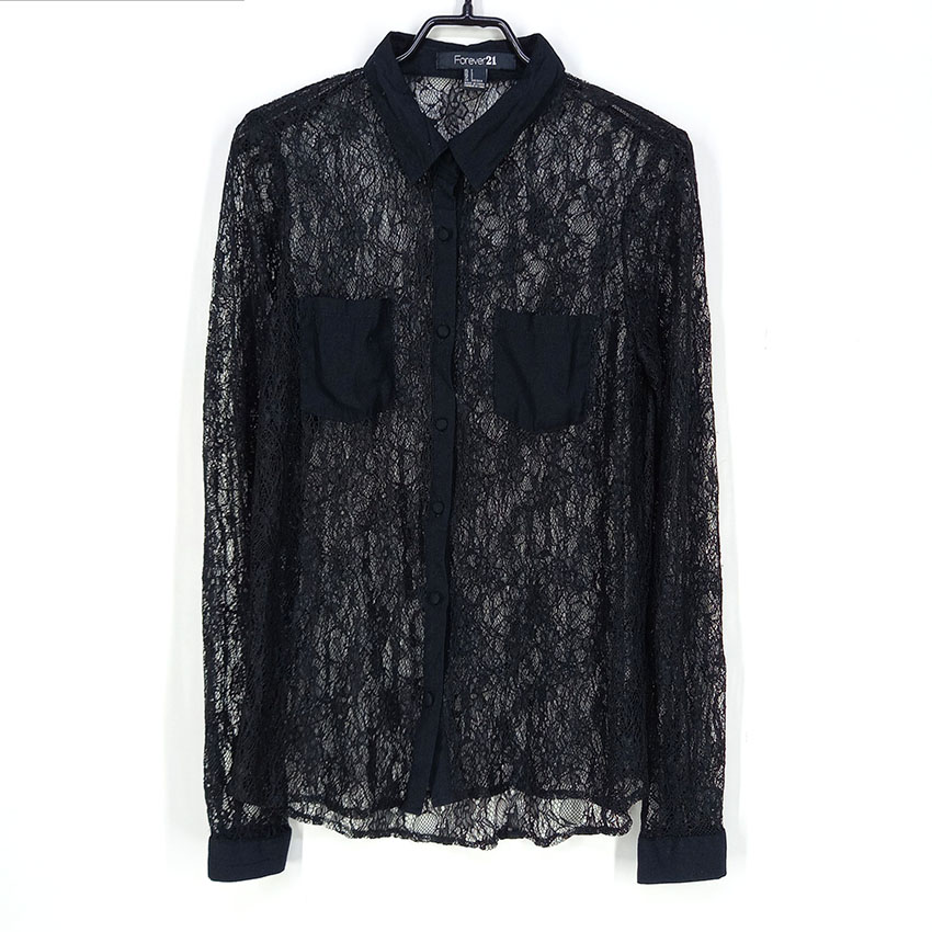 포에버21 여 투포켓 레이스 시스루 블라우스 블랙S ... | 헬로마켓