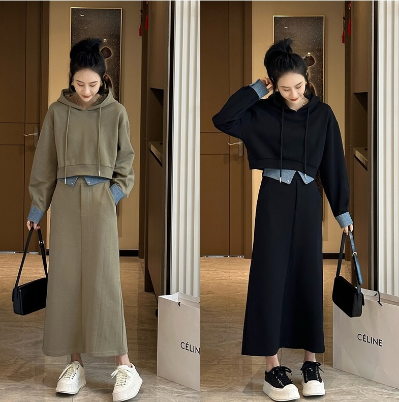 AO15)2컬러 셋업 레이어드 크롭 후드 뒷밴딩 롱 ... | 헬로마켓